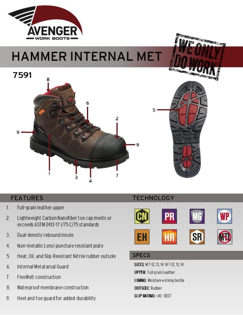 Avenger A7591 Hammer Internal Met-Guard PR Carbon Toe Work Boot | Work ...